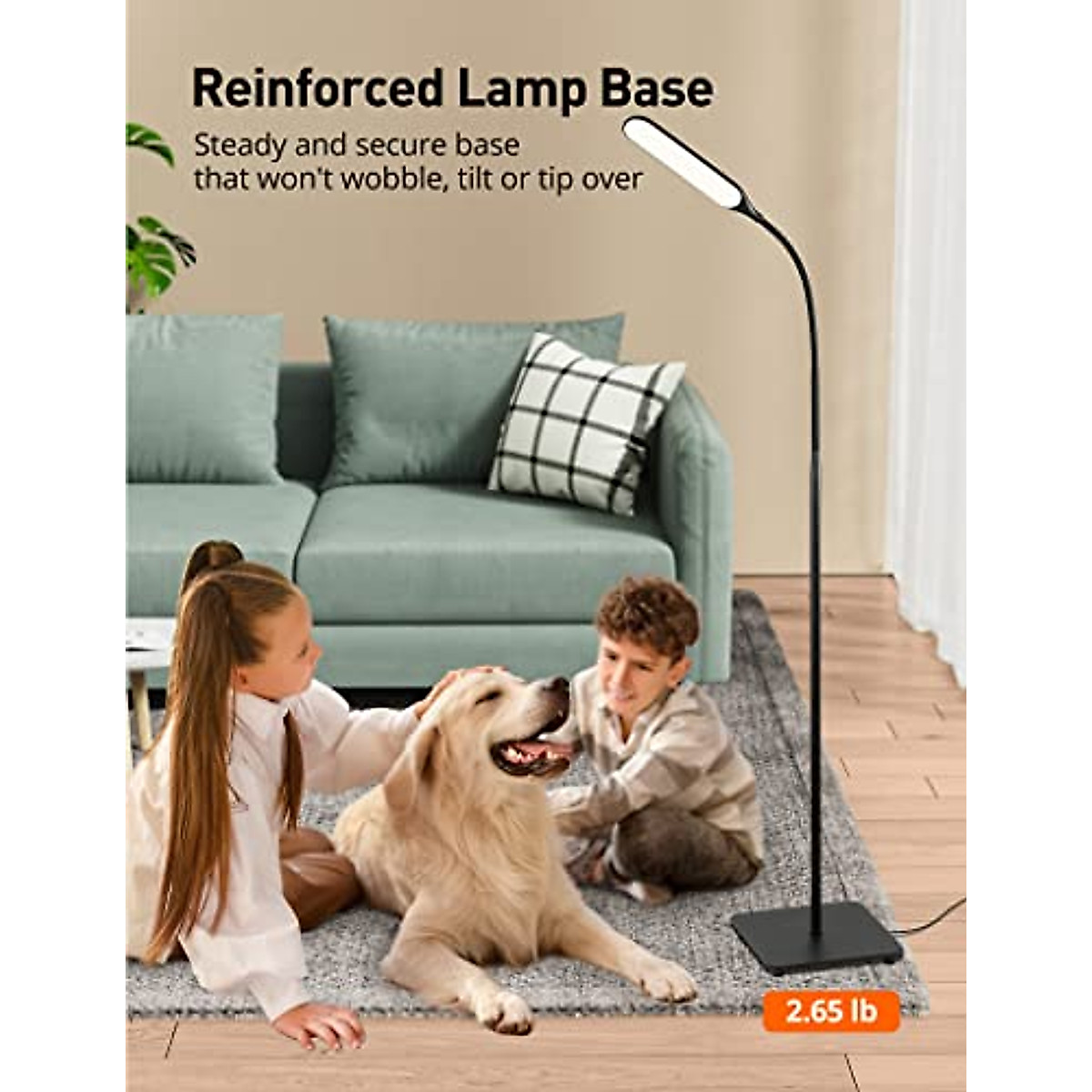 sympa LED Floor Lamp, Super Bright Dimmable LED Lamps for Living Room, Standing Lamp with Adjustable Gooseneck, Touch Control, Stable Base Floor Lamps for Bedroom Office (Black)