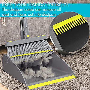 PHYEX 2-Pack Broom and Dustpan Combo Set, 48" Long Adjustable Handle Stand Up Dustpan with Self-Cleaning Teeth, Ideal for Home, Office, Kitchen, Indoor & Outdoor Use, Grey