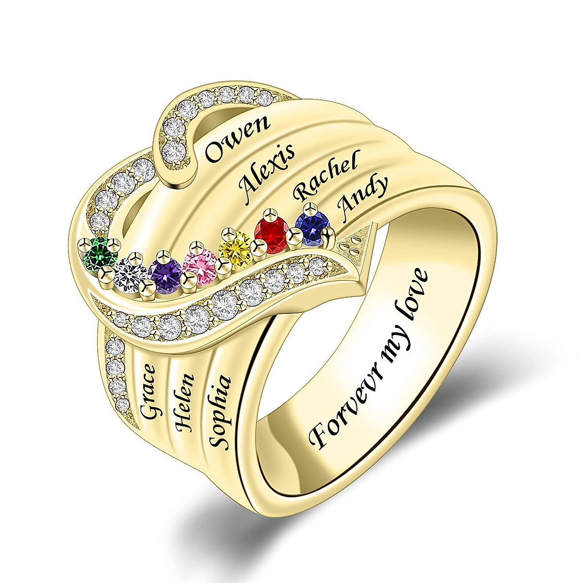 Her Gift Personalized Mother Rings with 1-8 Birthstones Heart Family Ring Custom Engraved Name Ring for Mom Women Grandma Wife (7 Names & Birthstones)