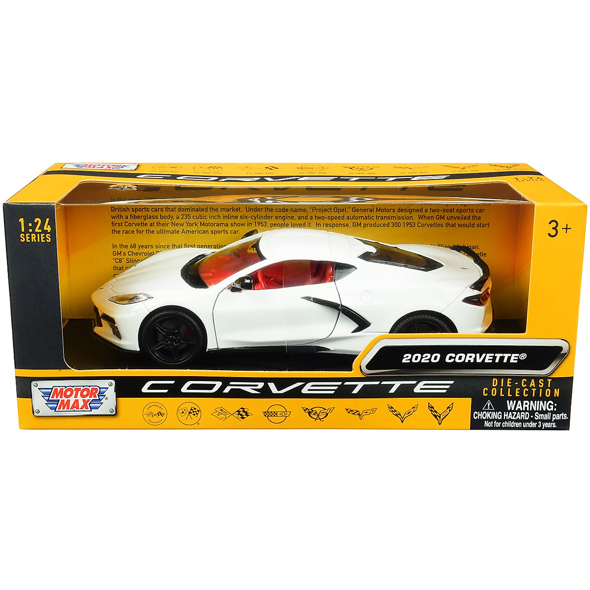 Motormax Toy 2020 Chevy Corvette C8 Stingray White with Red Interior History of Corvette Series 1/24 Diecast Model Car by Motormax 79360, 79360w-rd