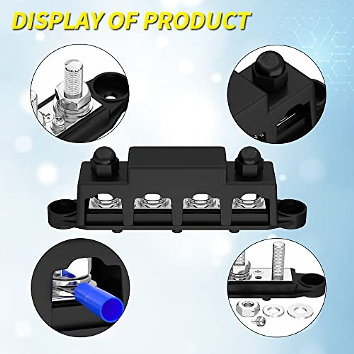 Joinfworld 250A 12V Bus Bar 3/8" Power Distribution Block 4 Studs Junction Block Automotive Marine Battery Busbar Terminal Block with Cover 12 Volt Negative&Positive