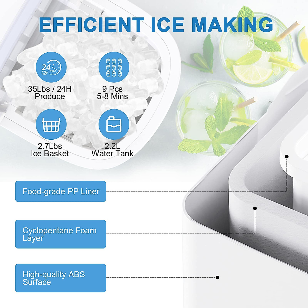 Countertop Ice Maker Machine Portable Ice Maker 35Lbs/24H 9pcs Ice Cubes Ready in 5-8 Mins, Portable Ice Maker for Home/Kitchen/Party