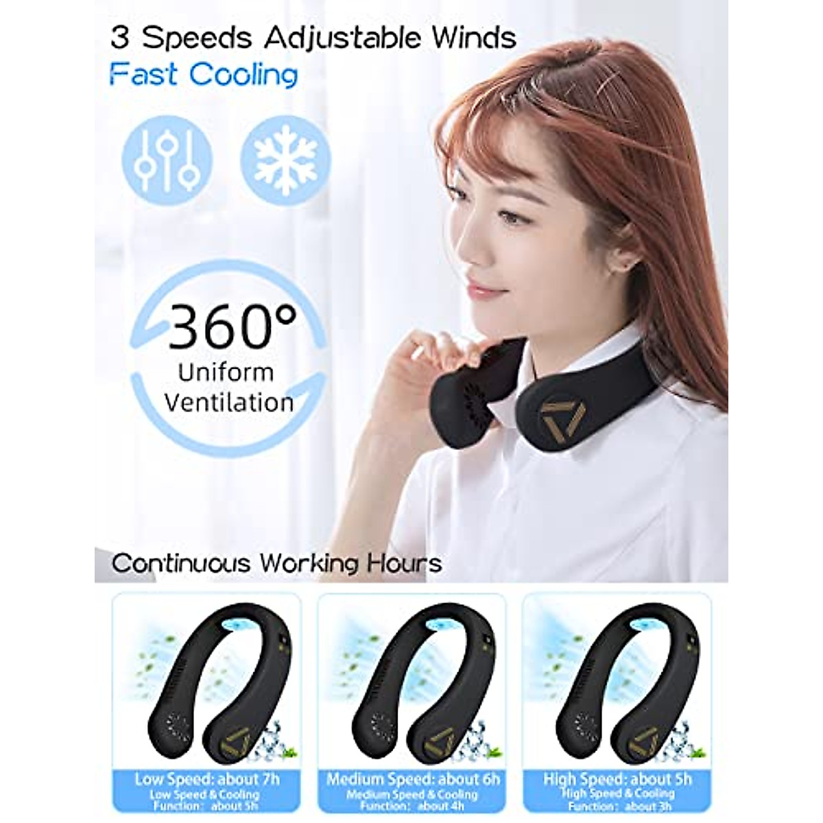 TOWOOZ Portable Neck Fan, Bladeless Neck Fan Hands Free Portable Neck Fan 4000 mAh Ultra Quiet Rechargeable Portable Hanging Neck Fan with 3 Speeds Adjustment, Wearable Fan for Outdoor (Black)