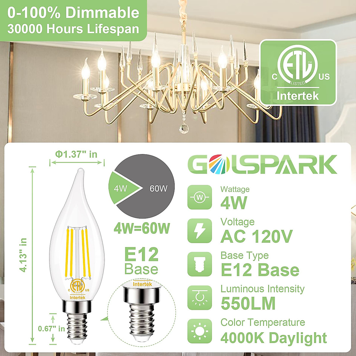 E12 LED Bulb Dimmable 60 Watt Equivalent, Golspark 4000K Natural Daylight 4W E12 Candelabra LED Light Bulbs, Small Base Type B Candle Light Bulbs for Chandelier, Ceiling Fan, Flame Tip, 550LM, 10 Pack