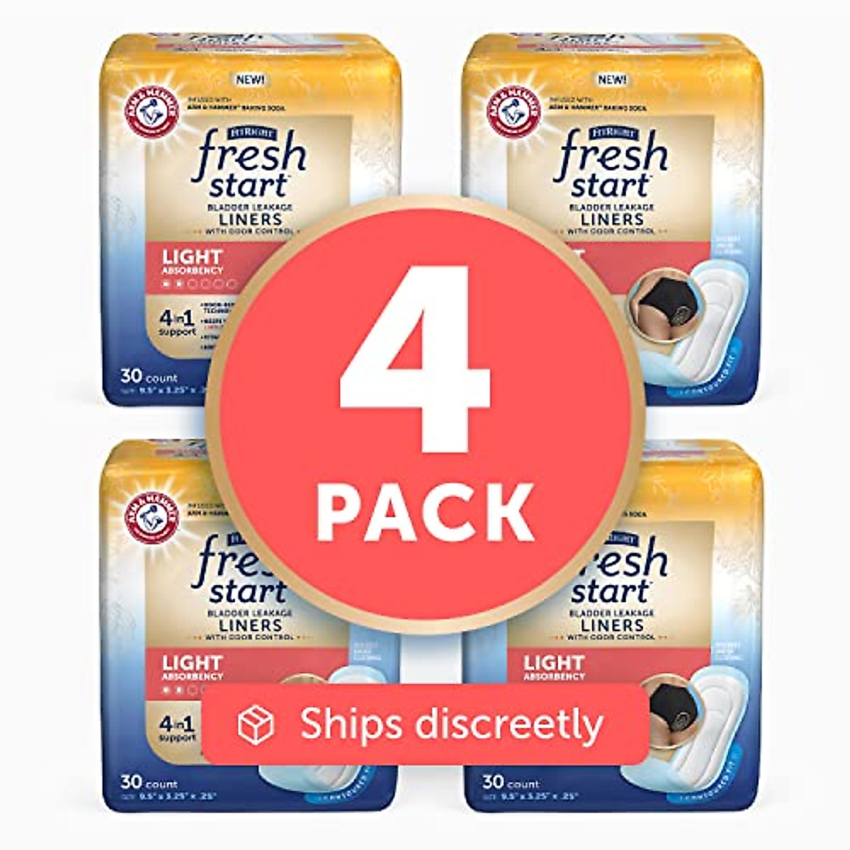 FitRight Fresh Start Incontinence and Postpartum Liners for Women, Light Absorbency (120 Count) Bladder Leakage Pads with The Odor-Control Power of ARM & Hammer (30 Count, Pack of 4)