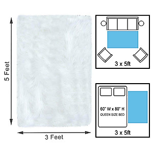 XingMart Sheepskin Faux Fur Rugs Luxury Fluffy Floor Carpet for Bedroom Bedside Living Room Area Rug Baby Nursery Room Decor Rug, Rectangle 3 x 5 ft, White