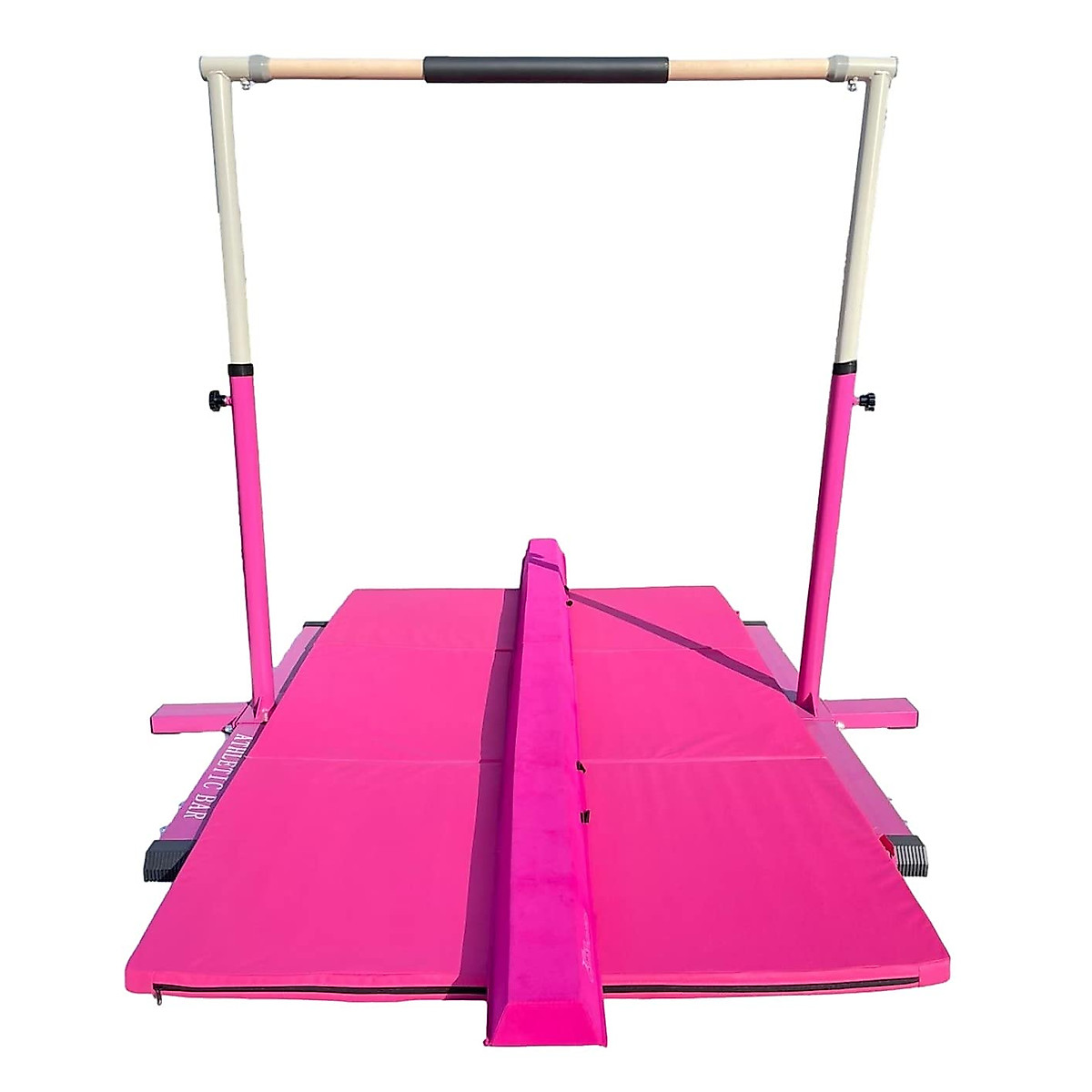 Athletic Bar Expandable Gymnastics Kip Bar 3 in 1 Set with Balance Beam, 6'x4' Mat for Kids, Horizontal Bar Junior Gymnastic Training Exercise for Gymnast Home Gym Height Adjustable 3 to 5 FT (Pink)