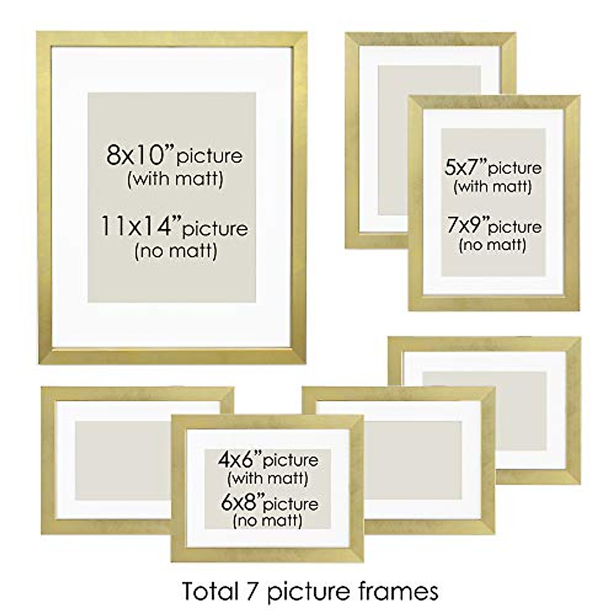 MIMOSA MOMENTS Picture Frame Sets for Wall Collage Multiple Sizes, Gallery Wall Frame Set with mat for one 8x10, 2 5x7 and 4 4x6 picture (Gold, 7 pcs set)