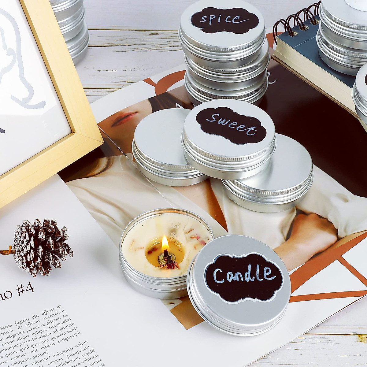 OBKJJ 96 Pack Round Cans with Screw Lid 2 Oz Aluminum Metal Tins DIY Food Candle Containers for Lotion Bars, Balms, Salve, Spices, Beard Balm, Crafts with 4 Markers 3 Sheets Label Stickers (Silver)