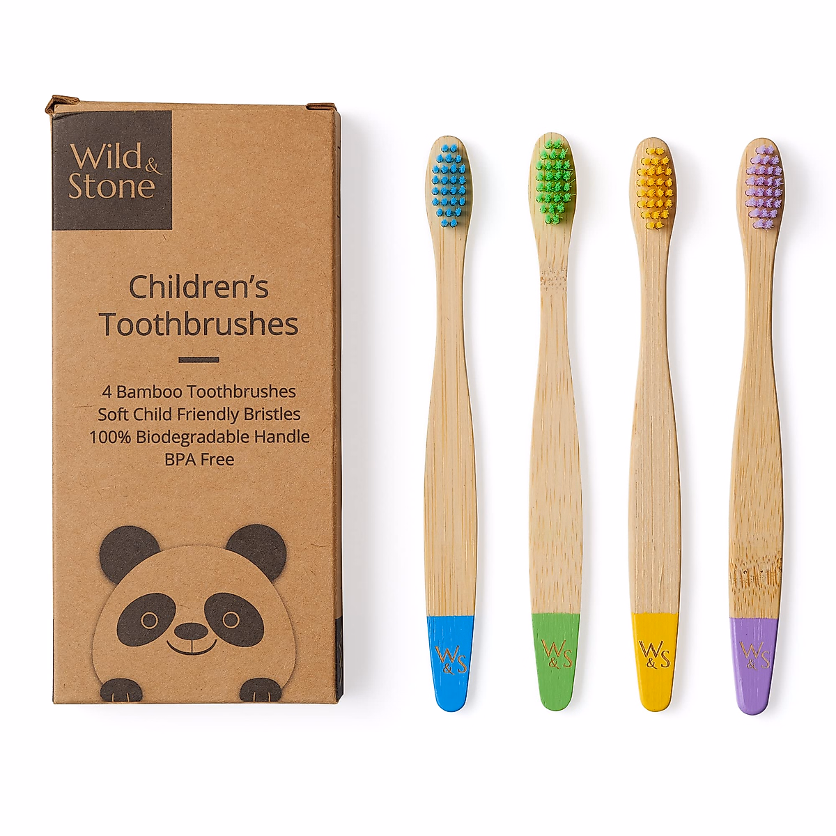 Wild & Stone | Organic Children's Bamboo Toothbrush | 4 Pack | Soft Fibre Bristles | 100% Biodegradable Handle | BPA Free | Vegan Eco Friendly Kids Toothbrushes (Multicolor)