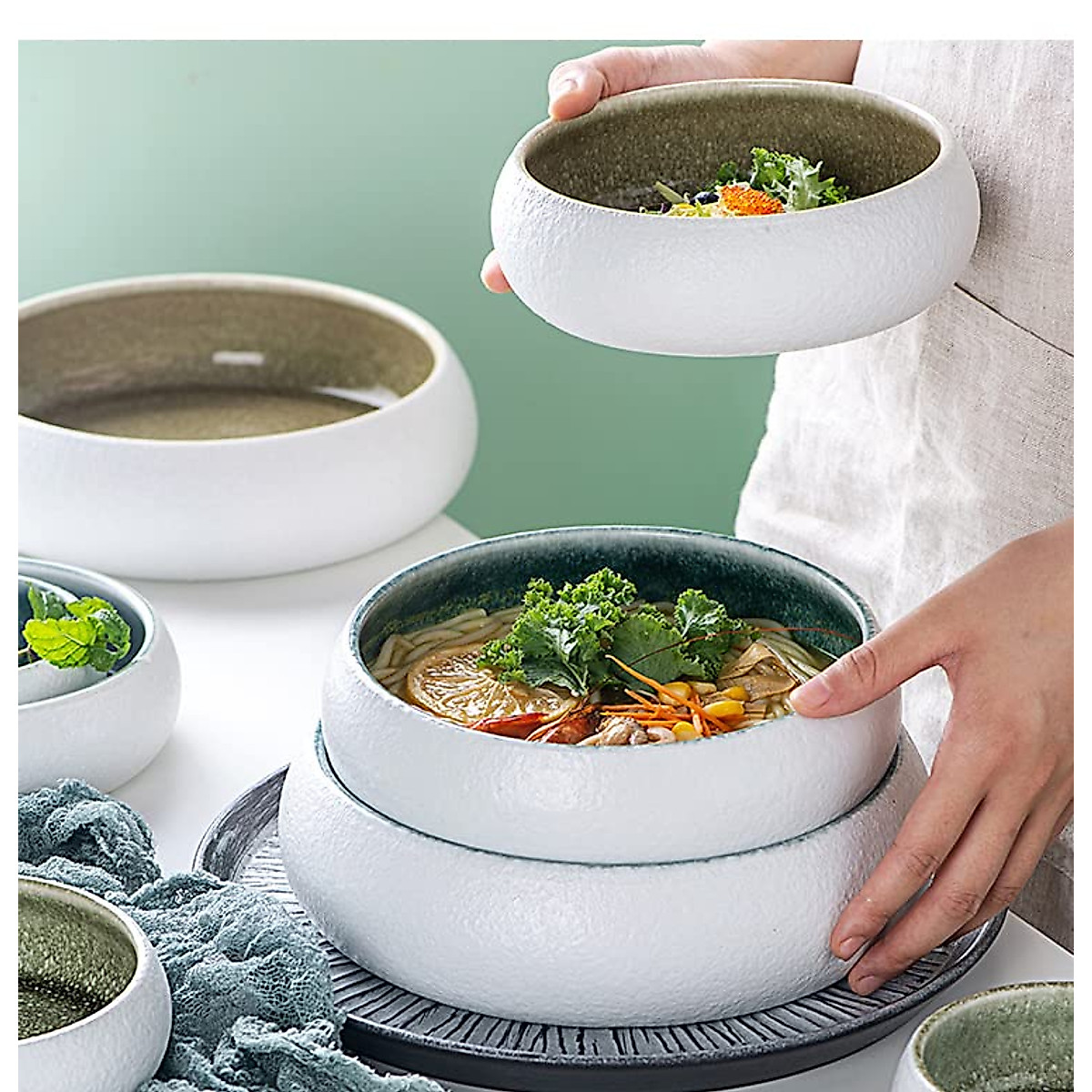 Uaral Salad Bowl Large Serving Bowl 18 Ounce Appetizer Bowls 6.5inch Ceramic Shallow Bowl Set of 4, (White Texture&Green)