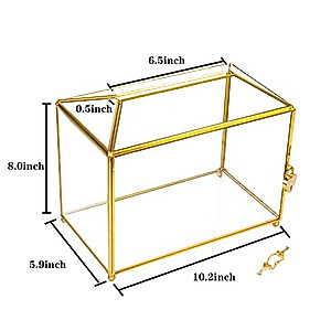 Gold Wedding Glass Card Box with Lock and Slot - Wedding Envelope Card Holder for Reception Clear Lock Box with Key Wedding Gold Glass Card Holder Handmade Vintage Wedding Card Box