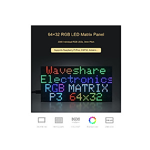 waveshare RGB Full-Color LED Matrix Panel Display Screen 64×32 Pixels 3mm Pitch LED Module Compatible with Raspberry Pi Pico, ESP32, Arduino,2048 Individual RGB LEDs,Adjustable Brightness