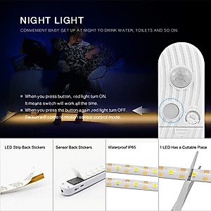 CFGROW LED Under Cabinet Lighting Motion Sensor, 10Ft Four Modes Bed Stairs Wardrobe Lamp Tape, Waterproof 5V USB LED Closet Night Strip Light for Indoor Home Bedroom Decor (Cold White, 3M x 1Pack)