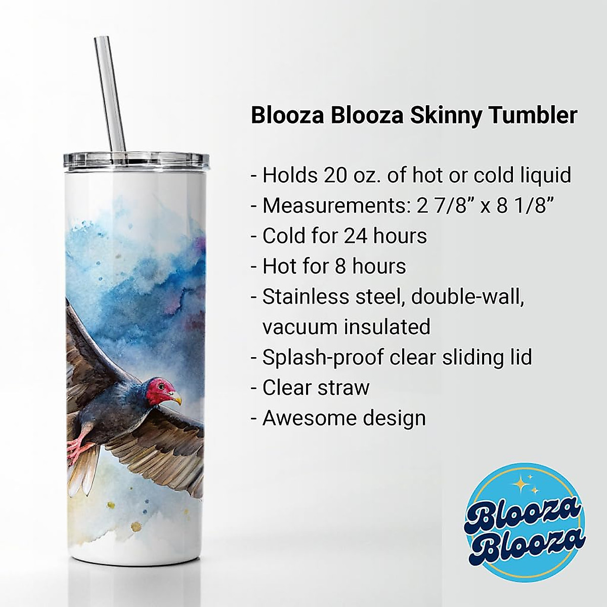 Black Turkey Vulture In Flight Watercolor Skinny Tumbler 20oz with Straw Insulated Water Bottle Gift