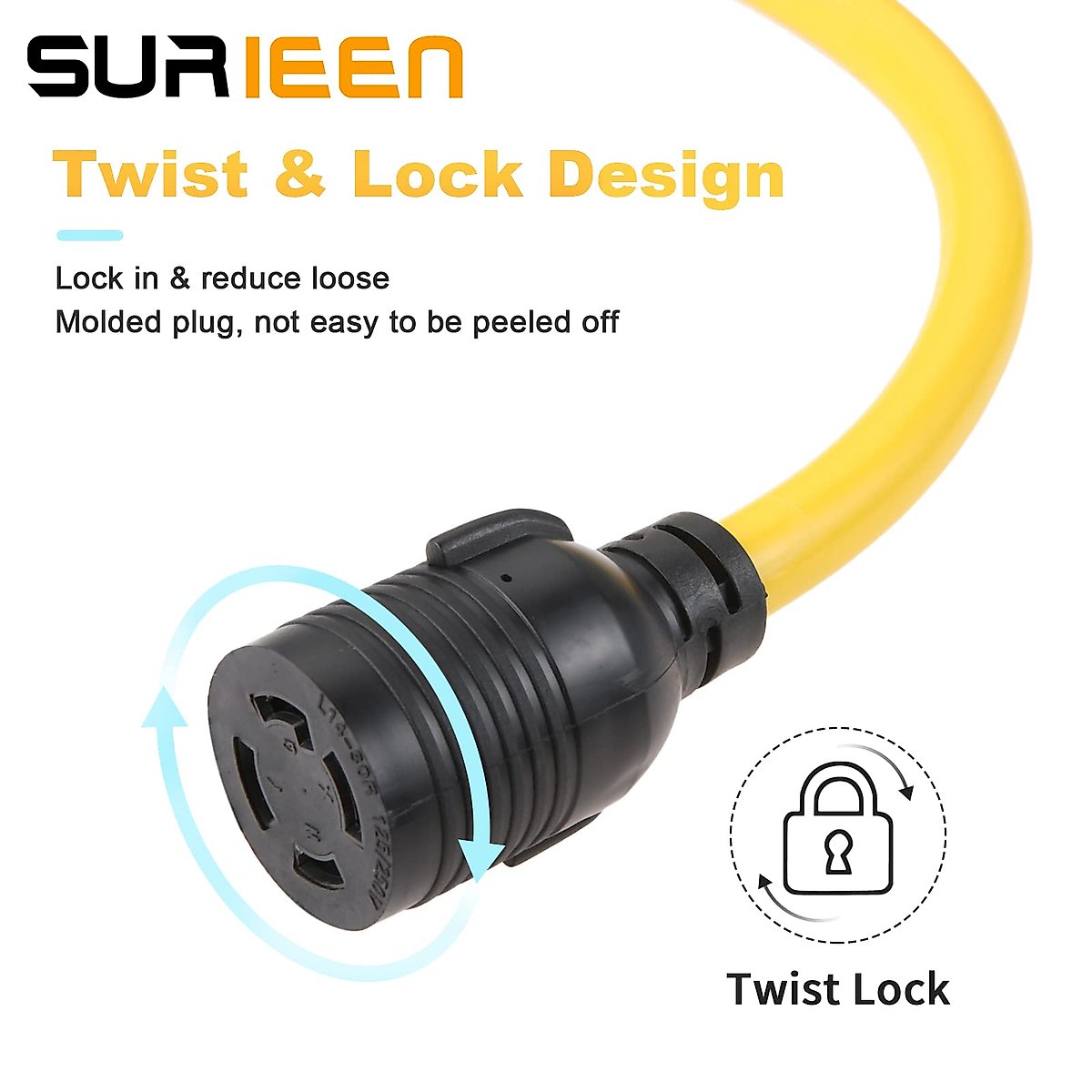 SURIEEN NEMA TT-30P to L14-30R Adapter Cord, 30 Amp 3 Prong to 4 Prong Generator Plug Adapter, Generator Transfer Switch Adapter Cord, RV Generator Plug to Inlet Box, STW 10 AWG, 1.5FT