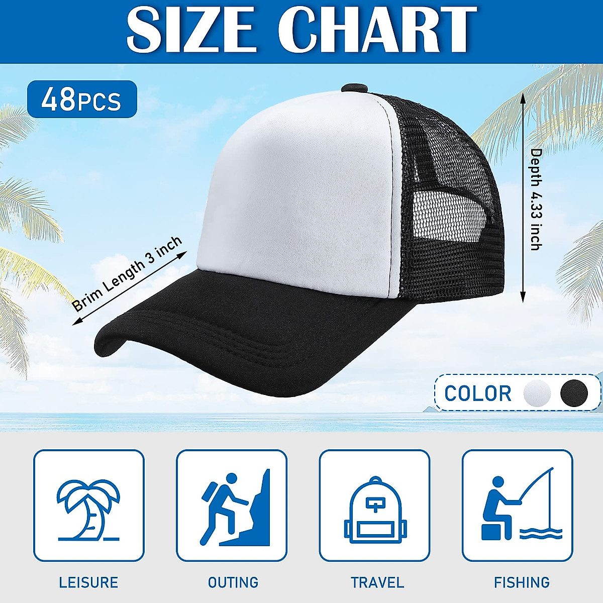Lasnten 48 Pack Unisex Blank Trucker Hats Sublimation Baseball Caps Adjustable Plain Polyester Mesh Cap Bulk for DIY Printing (Black, White)