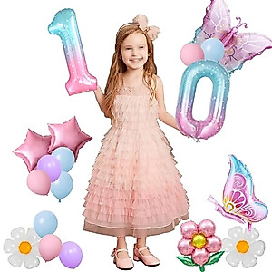 17pcs Girl's Ten Birthday Digital Butterfly Balloon Set Colorful Gradient Pink Butterfly Foil Balloon Giant Number 10 Balloon Flower Party Decorations