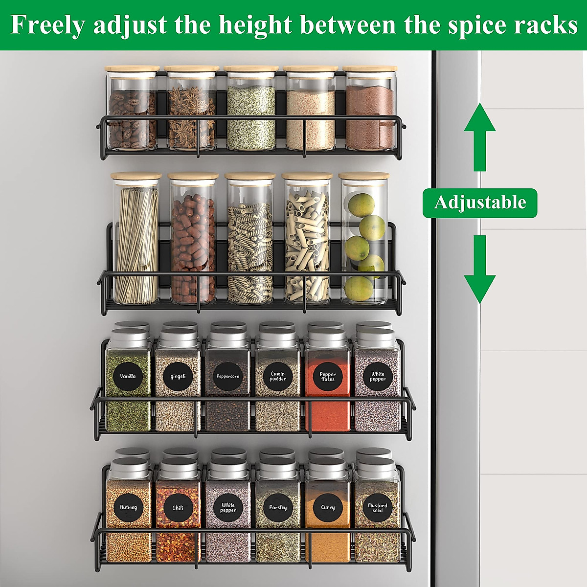 HuggieGems 4 Pack Magnetic Spice Rack Organizer for Refrigerator and Microwave Oven, Metal Fridge Shelf for Kitchen, Black