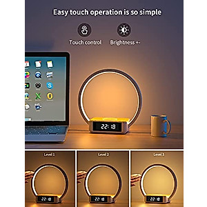 Amouhom Table Lamp, 18W Touch Lamp Alarm Clock with Wireless Charging Wake-Up Light, Digital Sonic 10W Max Qi Charger Nightstand Reading Lamps for Bedside, Reading, Home, Office