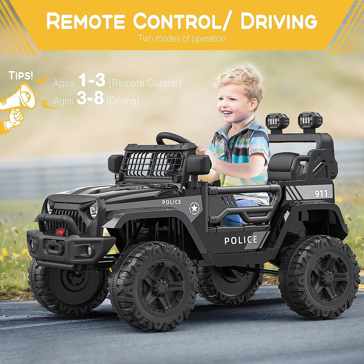Ride on Truck Car 12V Kids Electric Vehicles with Remote Control Spring Suspension, LED Lights, Bluetooth, 2 Speeds