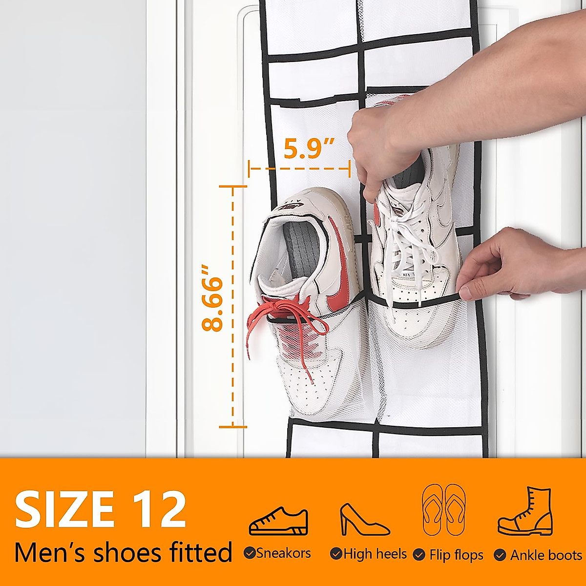MSLOVE Narrow Over The Door Shoe Organizer, 12 Large Mesh Pockets Hanging Shoe Organizer for Closet Organizers and Storage, White, 2 Pack