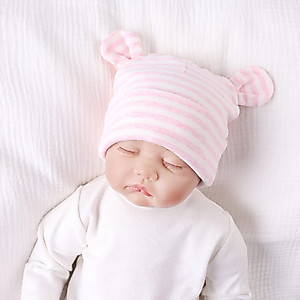Original Cotton Newborn Hats for Girls Striped Preemie Baby Hats Bear Ears Infant Boys Beanies 0-6 Months (Bear(White+Pink+Pink Striped), Preemie)