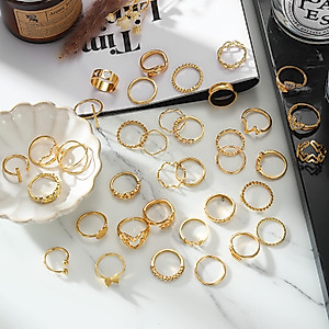 ZOVOLI 19-36 Pcs Gold Boho Knuckle Rings Set for Women, Vintage Stackable Dainty Joint Finger Gold Jewelry Set with Love Pearl and Sparkling Crystals (36-PCS)