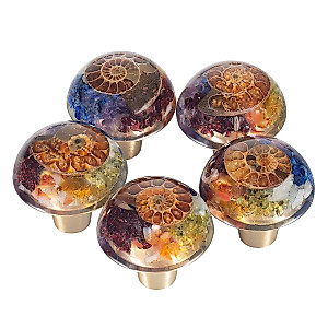 SUNYIK 4PCS 7 Chakra Ammonite Fossil Drawer Knobs with Screws, Round Crystal Stone Pull Handles for Cupboards Dressers Doors Wardrobes Furniture Home Decor