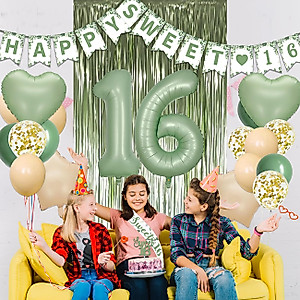 Sweet 16 Party Decorations, Sage Green 16th Birthday Decorations for Girls Sweet 16 Birthday Banner Green Balloons Kit for Her Birthday Party Supplies