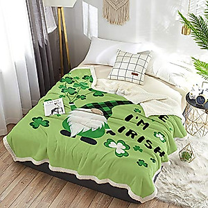 Irish Gnome with Lucky Clovers Sherpa Flannel Throw Blankets Thick Reversible Plush Fleece Blanket for Bed Couch Sofa Decor St. Patrick's Day,Ultra Soft Comfy Warm Fuzzy TV Blanket