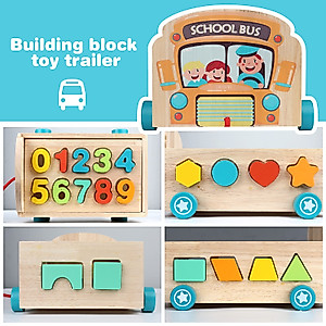 Classic Wooden Toddler Toy Age 2-4 Pulling Bus 123 Number Learning Shape Puzzle Sorting Match Game Montessori Sensory Material for Kids