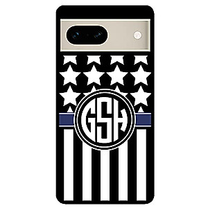 American Flag USA Thin Blue Line Police Monogram Black Rubber Phone Case Compatible With Google Pixel 8 Pro, 8a, 8, 7a, 7, Pixel 7 Pro, 6a, 6 Pro, 6, 5, 4a 5G, 4a 4G, 4, 4 XL, 3a, 3a XL, 3, 3 XL