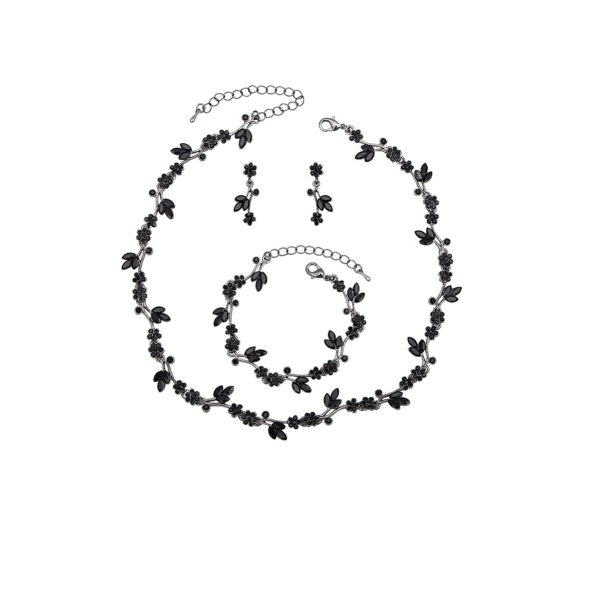 QLLYHLH Brides Bridesmaid Flower Leaf Choker Necklace Dangle Earrings Link Bracelet Austrian Crystal Wedding Jewelry Set for Prom Costume Party Accessories for Woman(Black-Gun plated)