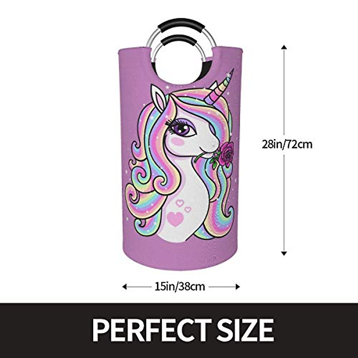 Dujiea 82l X-Large Laundry Basket Tall, Rose Unicorn Collapsible Laundry Hampers with Aluminium Handles Big Clothes Basket Kids Laundry Bin Round Storage Basket for Dorm Room