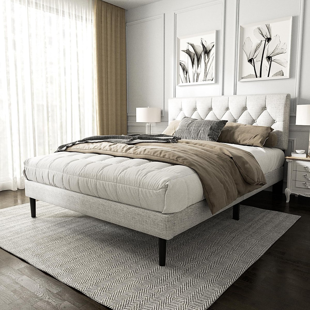 HAOARA Queen Size Platform Bed Frame with Upholstered Button Tufted Headboard, Mattress Foundation with Wooden Slat Support, Noise Free, No Box Spring Needed, Easy Assembly, Light Grey