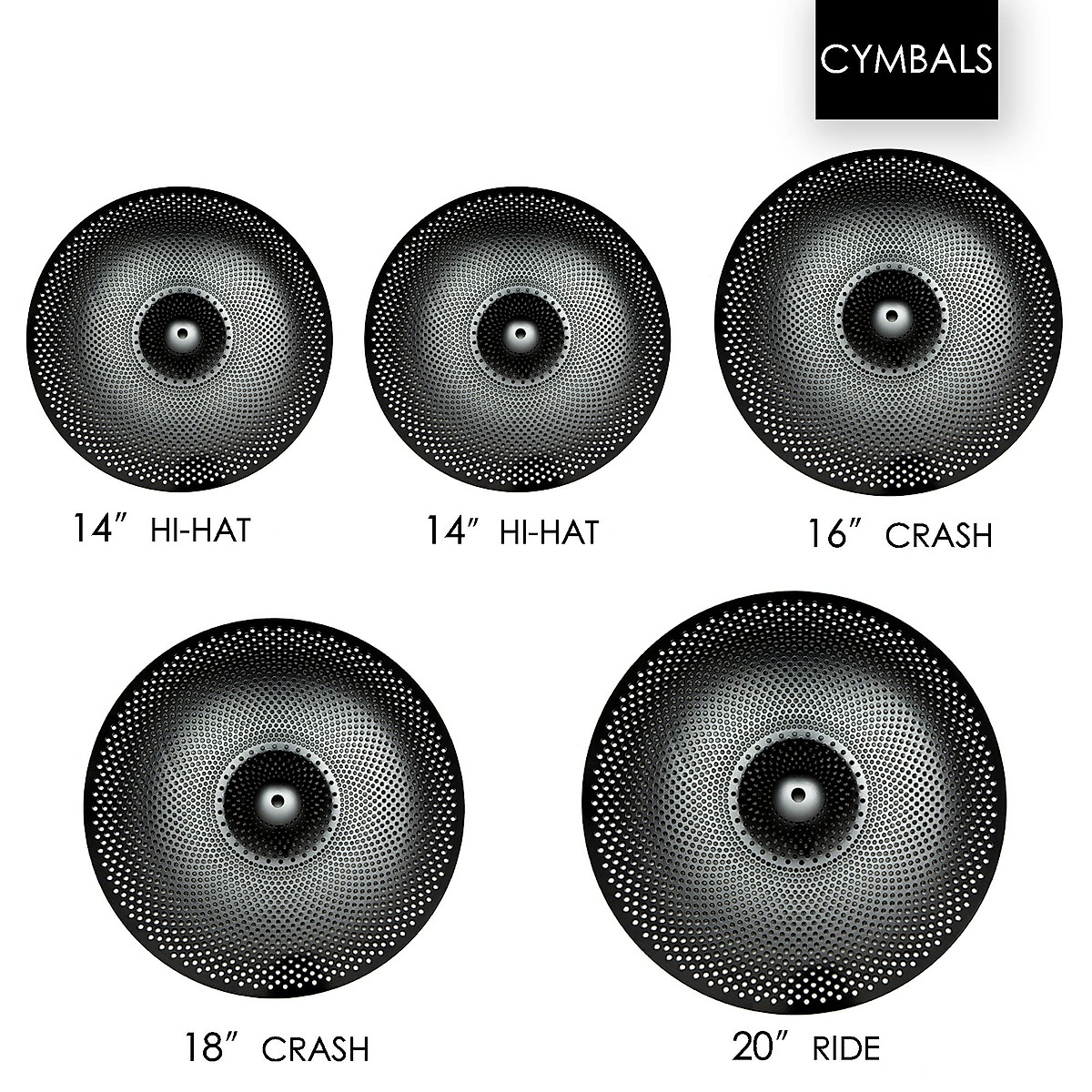 Low Volume Cymbal Pack, Quiet Cymbal Set 14''/16''/18''/20'' (5 Pcs, Black) | FREE Cymbal Bag included