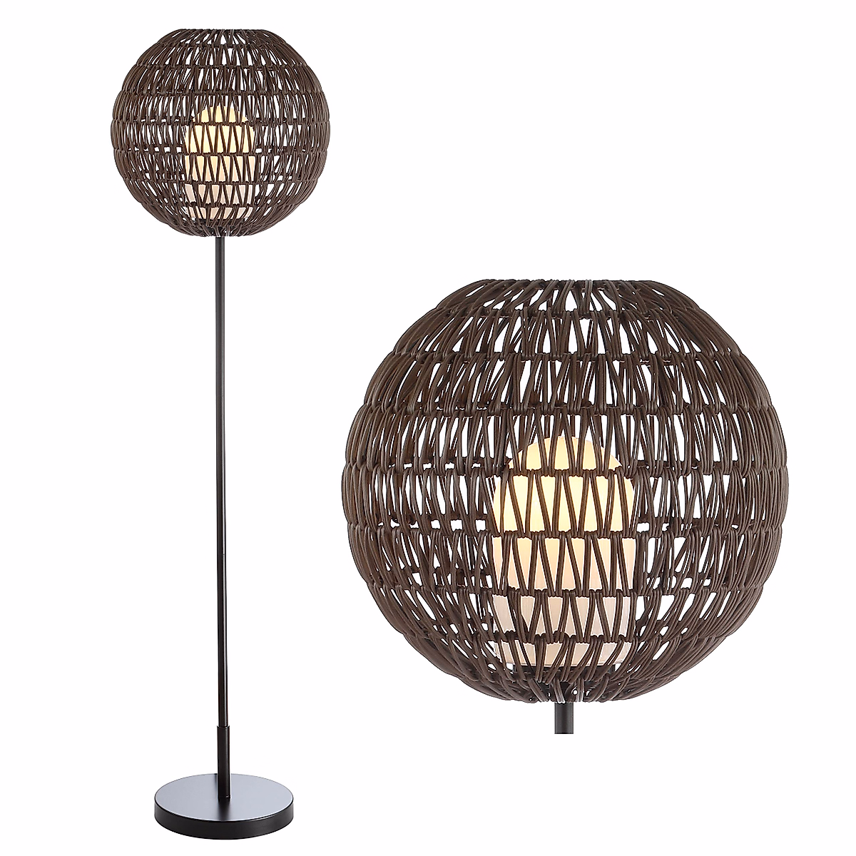 JONATHAN Y JYL6507A Bea 61" Outdoor Woven Globe LED Floor Lamp, Bohemian, Transitional, Scandinavian, Modern, Contemporary, Modern, Office, Bedroom, Living Room, Family Room, Dining Room, Coffee/Black