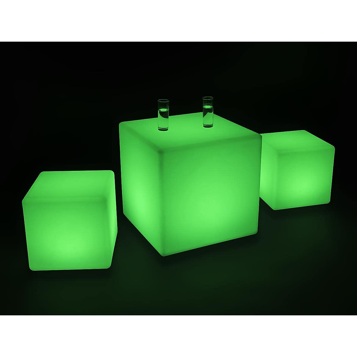 Displays2go Illuminated LED Pub Table Set w/ 2 Cube Stools, 16 Color Options - White (FDLEDSET2)