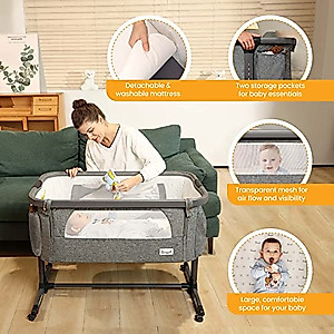 Li’l Pengyu Bedside Bassinet for Baby, Adjustable Baby Bassinets Bedside Sleeper with Cotton Mattress,Tool-Free Assemble Portable Rolling Cribs with Travel Bag Large Breathable Mesh (Gray)