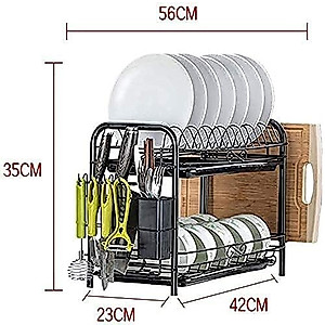 Plate Rack Dish Drainer Rack 2-Layer Chrome Kitchen Drainer Organizer with Utensil Holder/Drain Board/Cutting Board Bracket 2-Layers Pan Plate Holder (Color : Black, Size : 56x23x35cm)