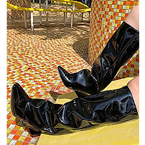 PINOKISS Black Size 11 Women's Knee High Square Toe Faux Patent Leather Pull On Wedge Heeled Boots