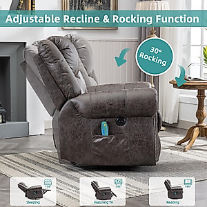 MEETWARM Massage Swivel Rocker Recliner with Heat and Vibration, Manual Glider Rocking Recliner Chair, 360°Swivel Lounge Reclining Chair with Remote Control/USB Ports for Living Room(Gray)