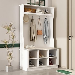 AIEGLE Entryway Hall Tree with Shoe Bench, 3-in-1 Hallway Hall Tree with Coat Rack, 6 Shoe Storage Cubes and 4 Hanging Hooks, White (39.8" L x 17.3" W x 67.1" H)