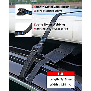 WONITAGO Premium 'No Scratch' Silicon Tie Down Cam Straps for Surfboards, Kayaks, SUP Paddleboards, Canoes, Snowboards 15ft (Pair)