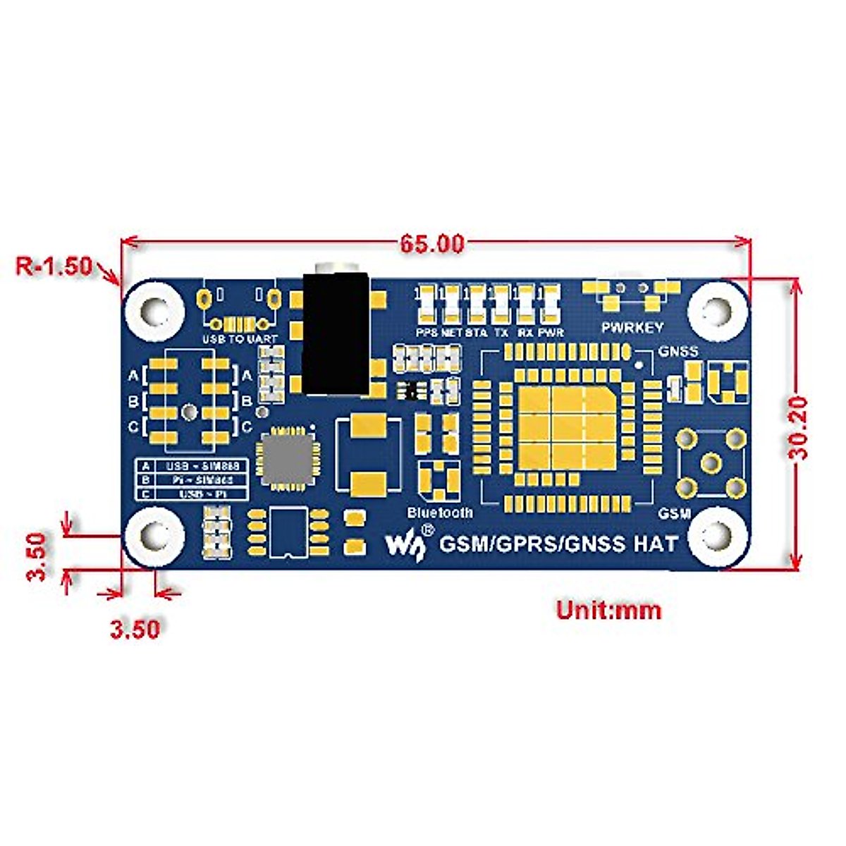 GSM/GPRS/GNSS Bluetooth HAT Expansion Board GPS Module SIM868 Compatible with Raspberry Pi 2B 3B Zero Zero W Support Make a Call,Send Messagess,DataTransfer IOT