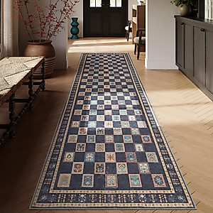 Lahome Checkered Runner Rug, Vintage Hallway Runner Non Slip, Machine Washable Distressed Rug for Kitchen, Retro Runner for Bathroom Laundry Entryway (Purple/Multi, 2.5x8)