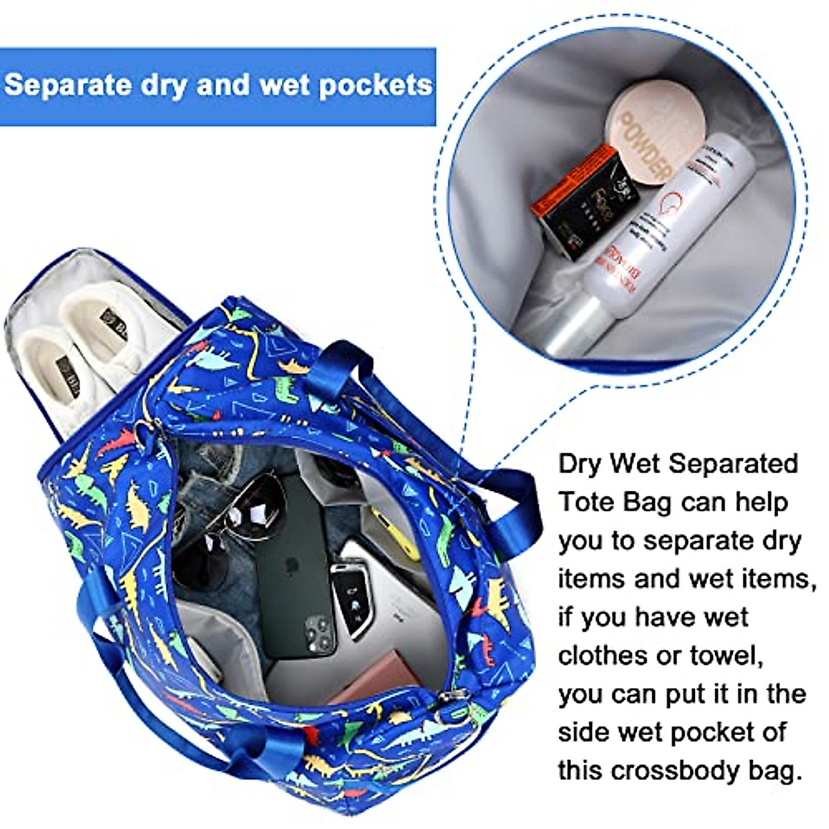 CAMTOP Kids Duffel Overnight Bag Boys Girls Weekender Carry-On Personalized Tote for Travel Gym Sport (Dinosaur-Dark Blue)