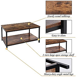 SUPER DEAL 2-Tier Industrial Coffee Table with Storage Shelf for Small Apartment Living Room, Rectangle Wood and Stable Metal TV Stand Side End Table, Rustic Brown