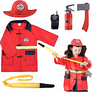 iPlay, iLearn Kids Firefighter Costumes, Toddler Fireman Dress up, Boy Fire Pretend Chief Outfit, Halloween Role Play Career Suit W/Walkie Talkie Hose, Party Birthday Gift for 3 4 5 6 7 Year Old Girl